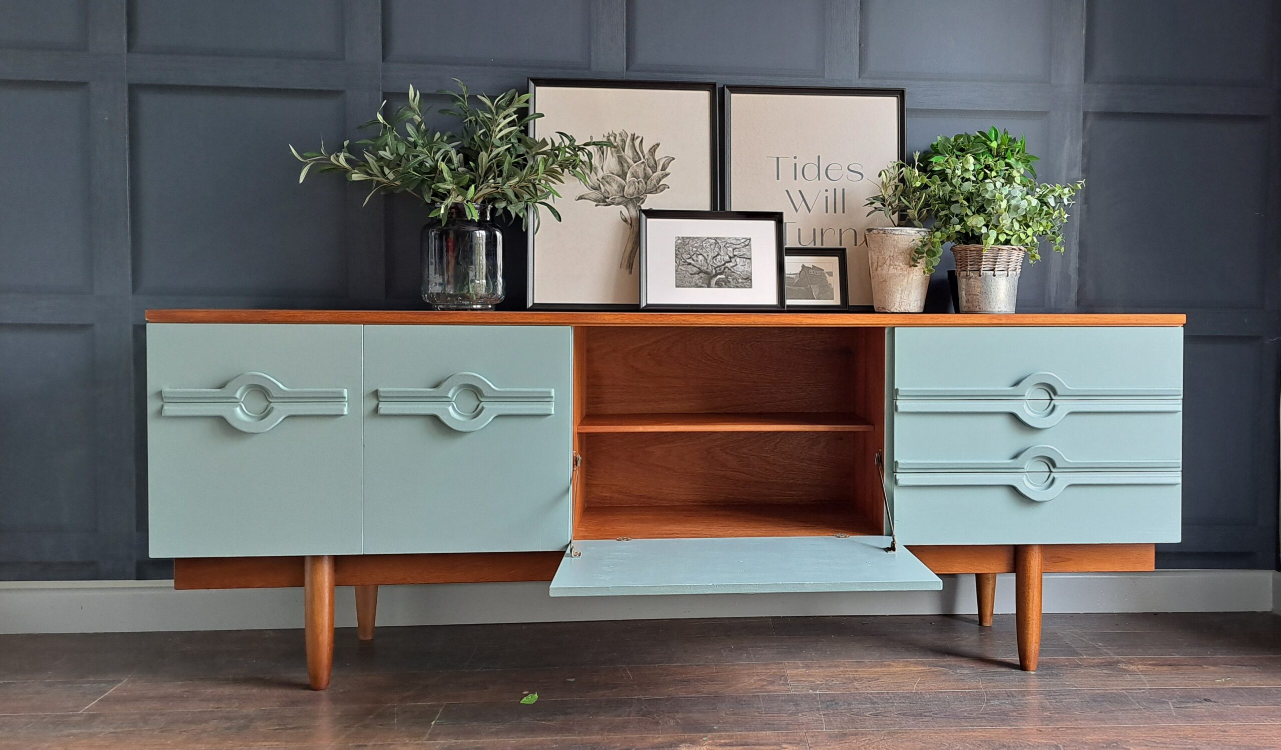 Mid-century sideboard painted in F & Ball Oval Room Blue